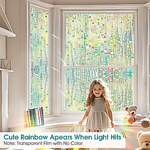 Windimiley Window Privacy Film 3D Rainbow Static Clings Bathroom Stained Glass Decorative Window Sticker Prism Holographic Window Decals Sun Blocking Non-Adhesive Door Covering,17.5x118.1In, Pure