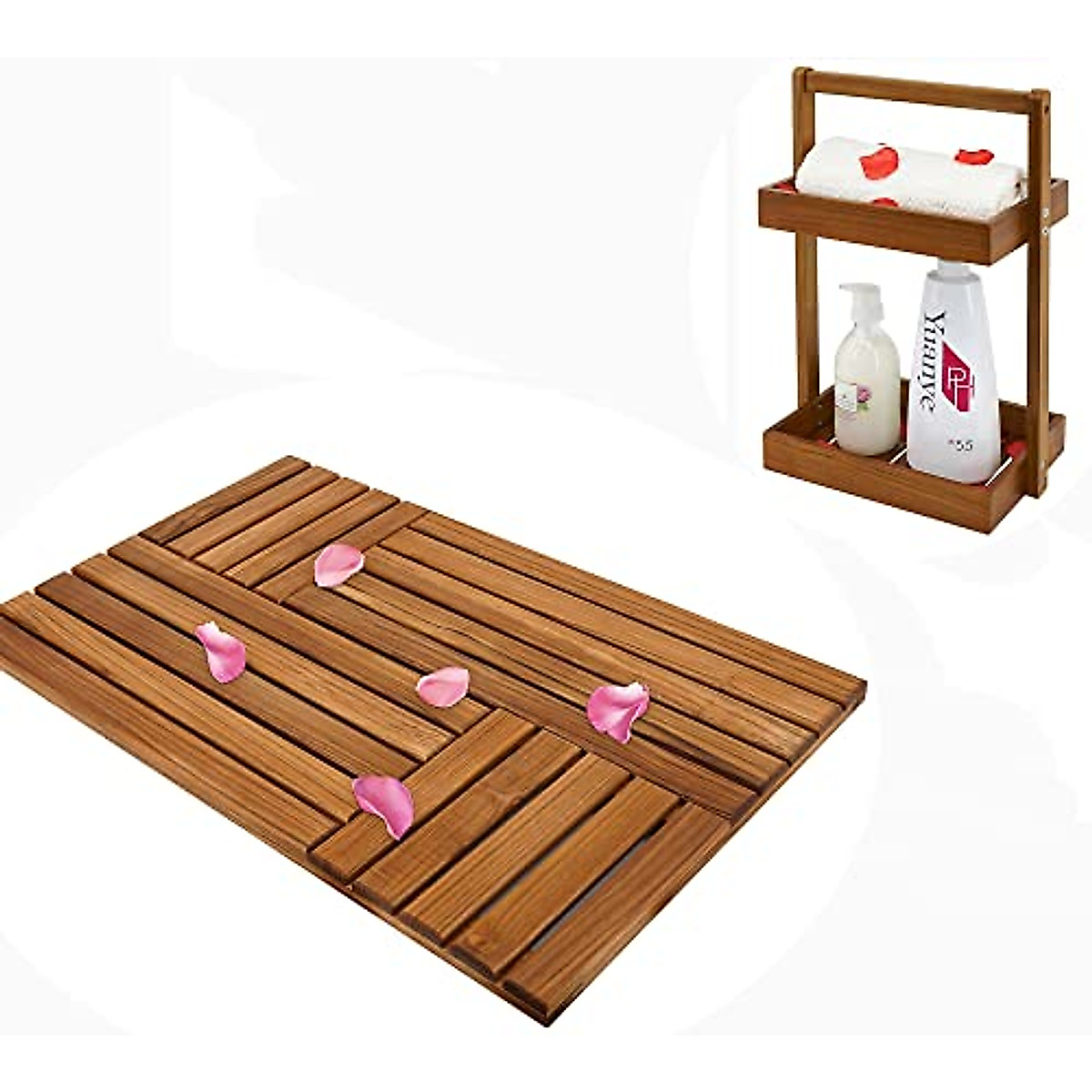 Utoplike Teak Wood Bath Mat, 31.8 x 20 inch Large Wooden Shower Mat for Bathroom and Shower Caddy Corner 2 Tier Bathroom Organizer Countertop