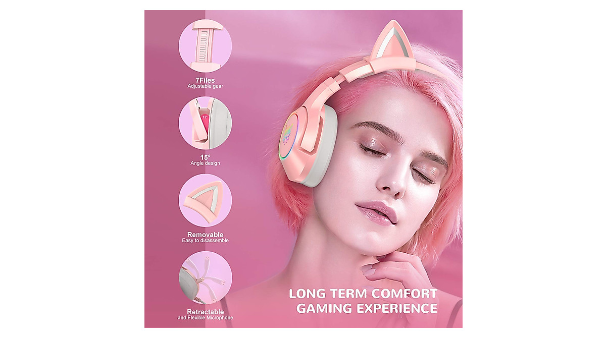 SIMGAL Pink Gaming Headset with Cat Ears - Surround Sound