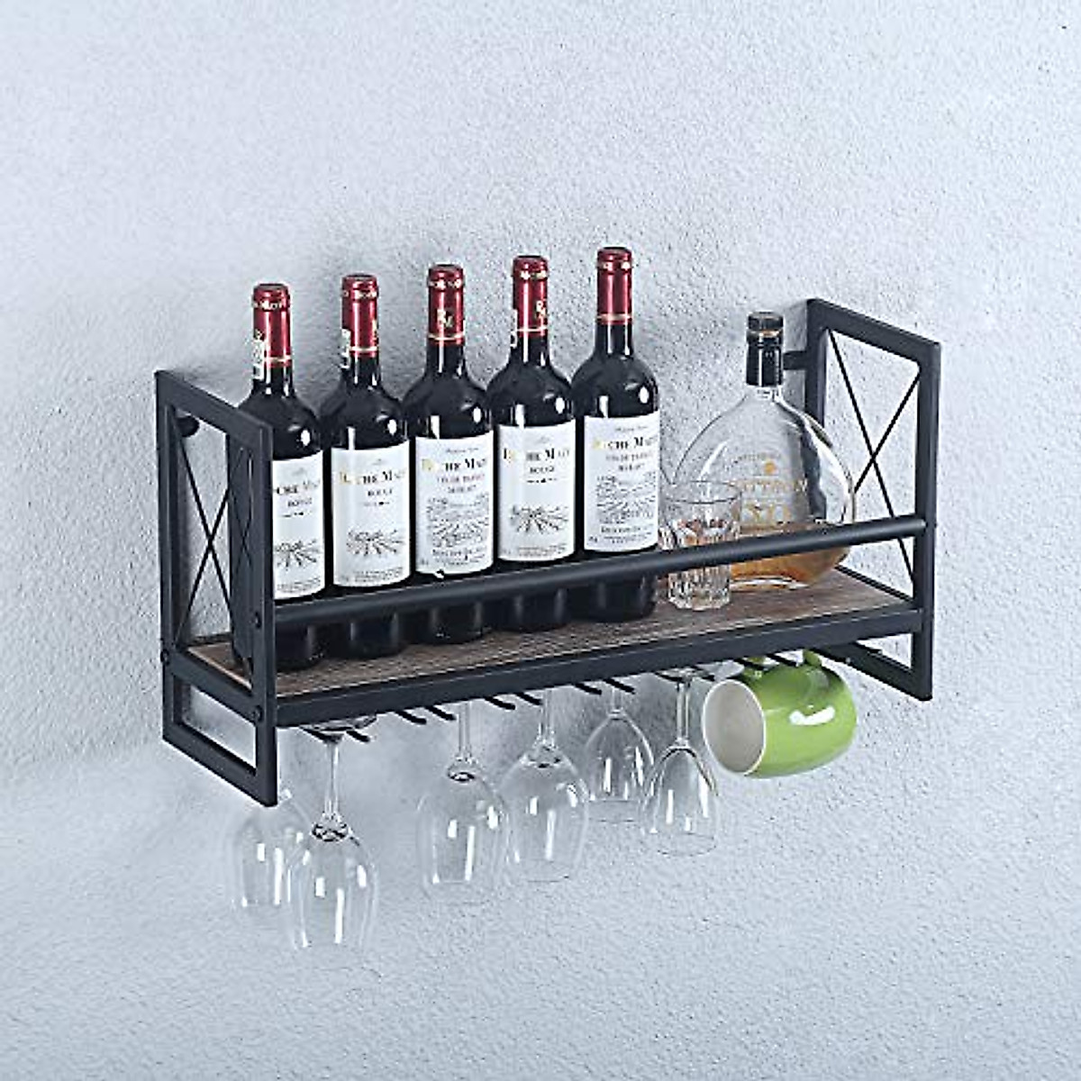 MBQQ Industrial Wine Racks Wall Mounted with Stemware Racks,23.6in Rustic Metal Hanging Wine Holder,Bottle Holder with 7 Stem Glass Holder,Metal&Wood Shelves Home Decor Wall Shelf