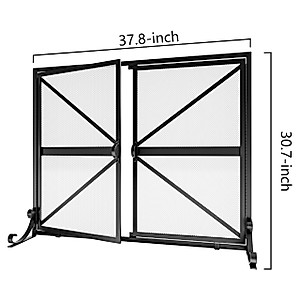 Fire Beauty Fireplace Screen with Doors, 2-Pannel Handcrafted Solid Wrought Iron Decorative Mesh,Baby Safe Proof Firewood Burning Stove Accessories(Black)