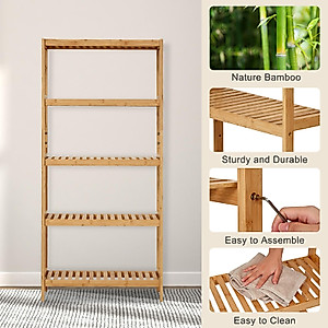 buenotoys Bamboo Corner Shelf, Storage Rack Organizer, Bamboo Shelves Stand for Bathroom Kitchen Living Room Balcony (5-Tier)