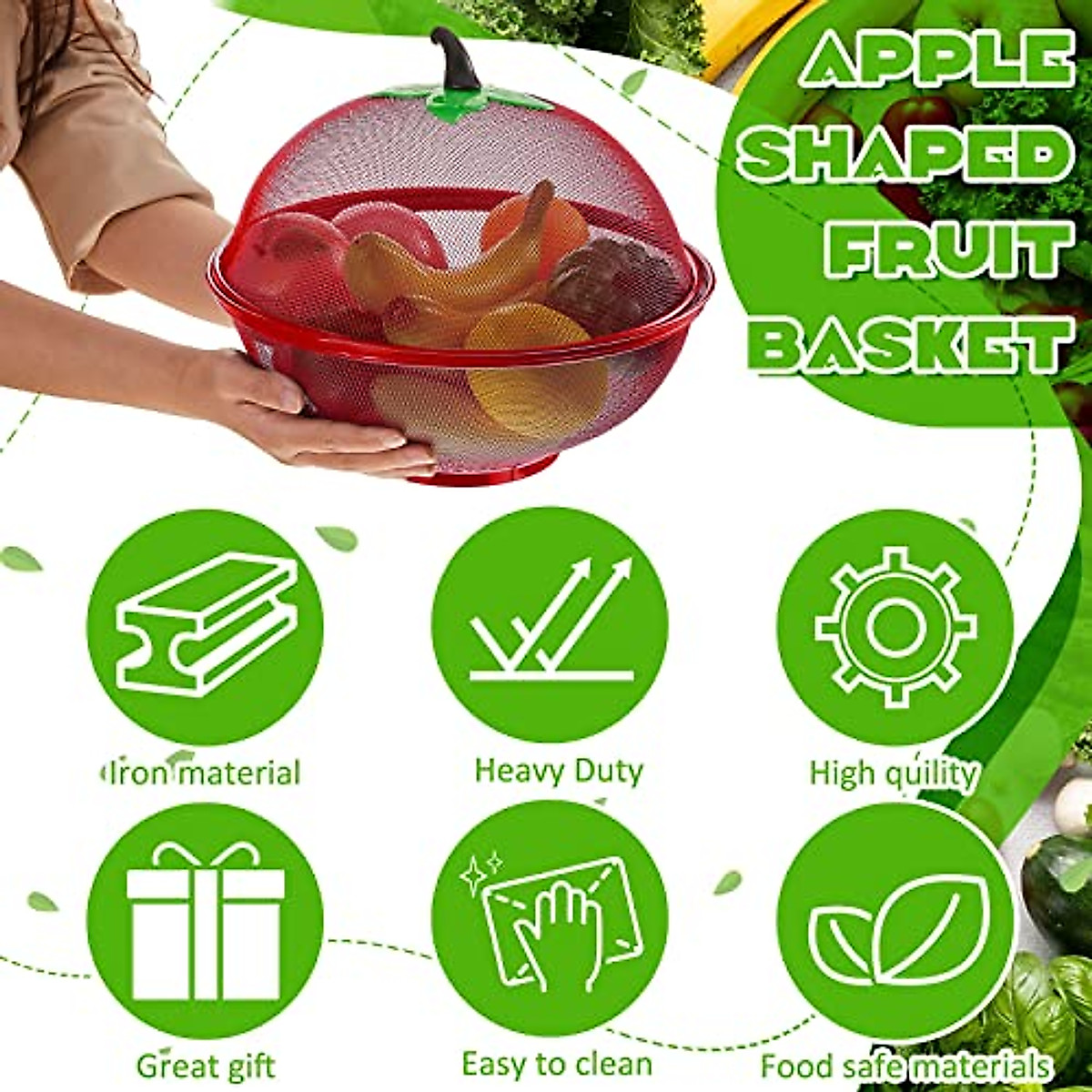 2 Pieces Apple Shaped Fruit Basket Red Metal Wire Mesh Holder Covered Fruit Bowl for Kitchen Counter Mesh Fruit Holder Fruits Storage Drain Basket Apple Basket Food Strainers for Banana Vegetables