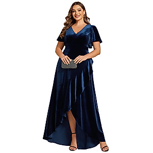 Ever-Pretty Women's V Neck High Waist Velvet Plus Size Mother of The Bride Dress Navy Blue US14