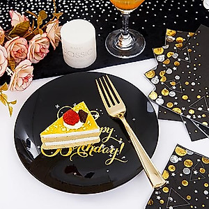 Nervure 175PCS Happy Birthday Plates - Black Plastic Plates with Gold & Silver Dot Include 25 Dinner Plates, 25 Dessert Plates, 75 Plastic Silverware, 25 Cups, 25 Napkins for Birthday & Party