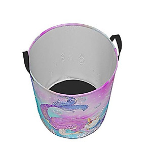 KiuLoam Girls Mermaid and Narwhal Laundry Baskets, Bedroom Hamper Collapsible Waterproof Oxford Fabric with Handle Foldable Cloth Washing Bin Tote Bag (16.5 Inches)