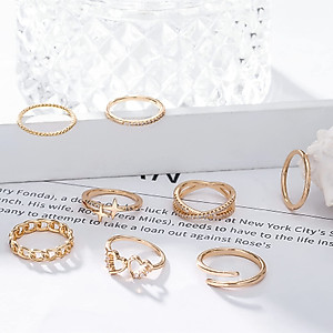 Honsny 8PCS 14K Gold Plated Stacking Rings for Women Gold Silver Stackable Knuckle Rings Twist Thumb Thin Dainty Gold Band Rings Wave Finger Eternity Silver Ring Set for Teen Girls Size 5 to 11