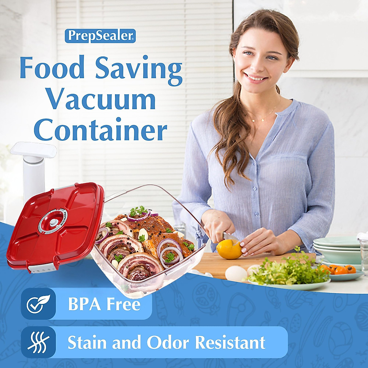 PrepSealer Marinating Vacuum System Container-Makes Food Tastier, Juicier, Healthier and More Tender (2 Liter, Square Shape, Tritan Material, Red Color, Manual Hand Pump Included)