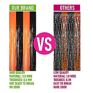 Dazzle Bright 4 Pack Backdrop Curtain, 3FT x 8FT Metallic Tinsel Foil Fringe Curtains Photo Booth Background for Baby Shower Birthday Wedding Halloween Party Decorations (Orange and Black)