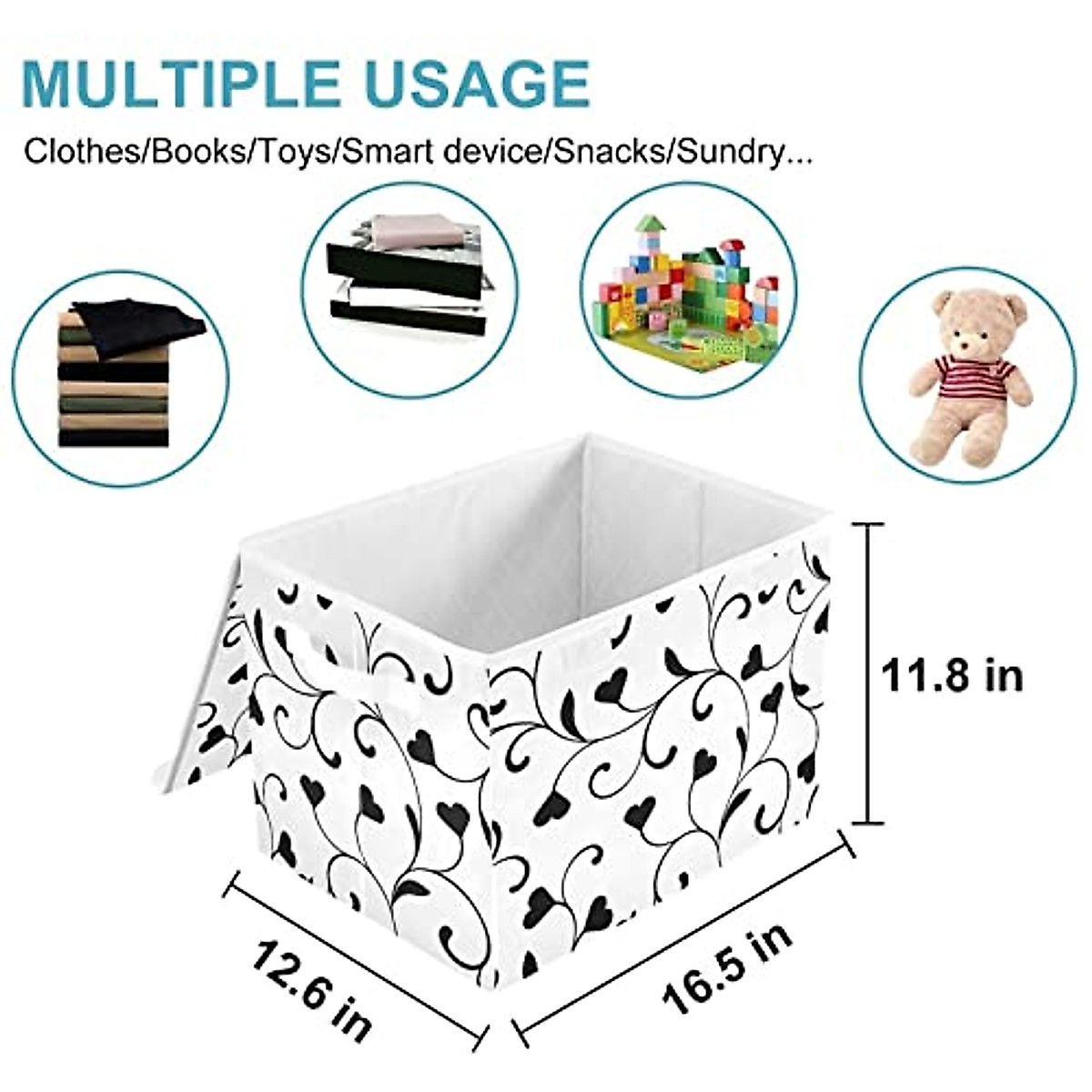 CaTaKu Hearts White Black Storage Bins with Lids and Handles, Fabric Large Storage Container Cube Basket with Lid Decorative Storage Boxes for Organizing Clothes