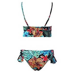 Multicolor Printing Set Split-up Women's Swimsuit Digital Ruffled Swimwears Tankinis Set Shorts And Crop Top Set for Teens (Green, L)