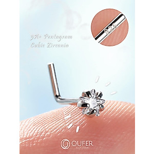 OUFER 925 Sterling Silver Nose Studs, L Shaped Nose Rings Studs, 20G Nostril Solid 3mm Star CZ Nose Piercing Jewelry, Nose Studs For Women Men (L - 3mm Star)