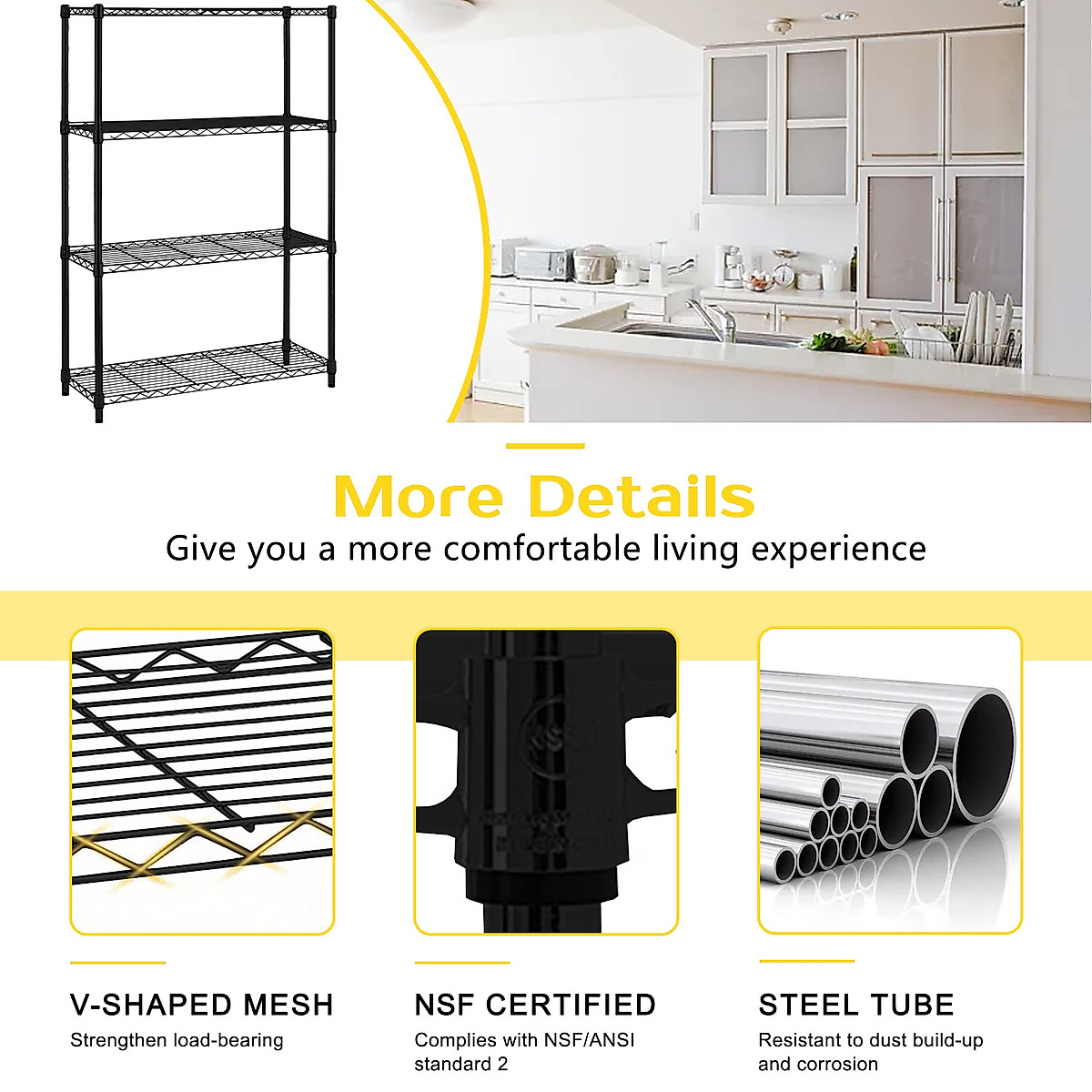 Vnewone 4-Tier Storage Shelves Large Wire Shelving Unit NSF Metal Garage Shelving 54”x36”x14” 1000 LBS Capacity Heavy Duty Height Adjustable Commercial Grade Utility Steel Rack with Wheels,Black