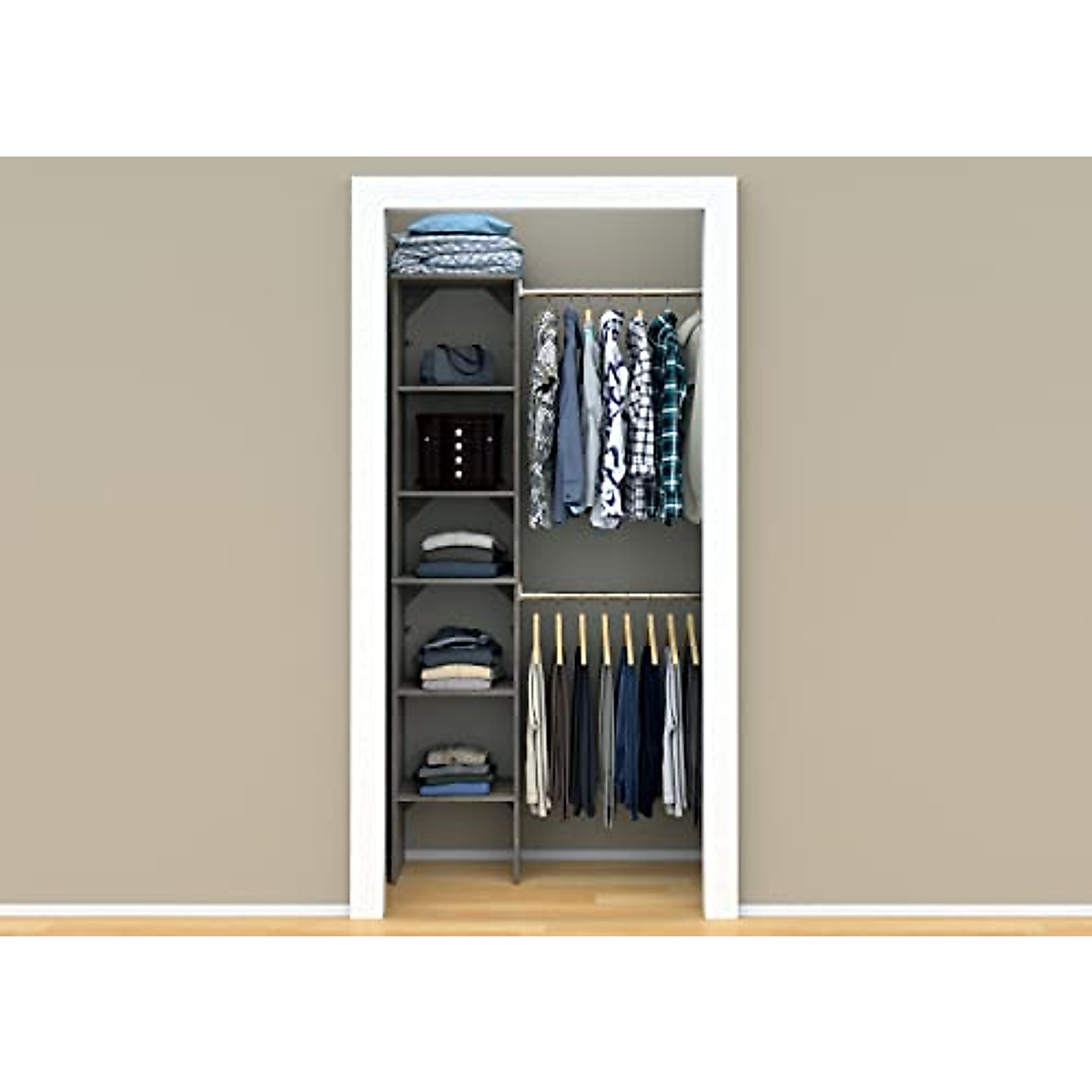 ClosetMaid SuiteSymphony Wood Closet Organizer Starter Kit with Tower and 3 Hang Rods, Shelves, Adjustable, Fits Spaces 4 – 9 ft. Wide, Graphite Grey