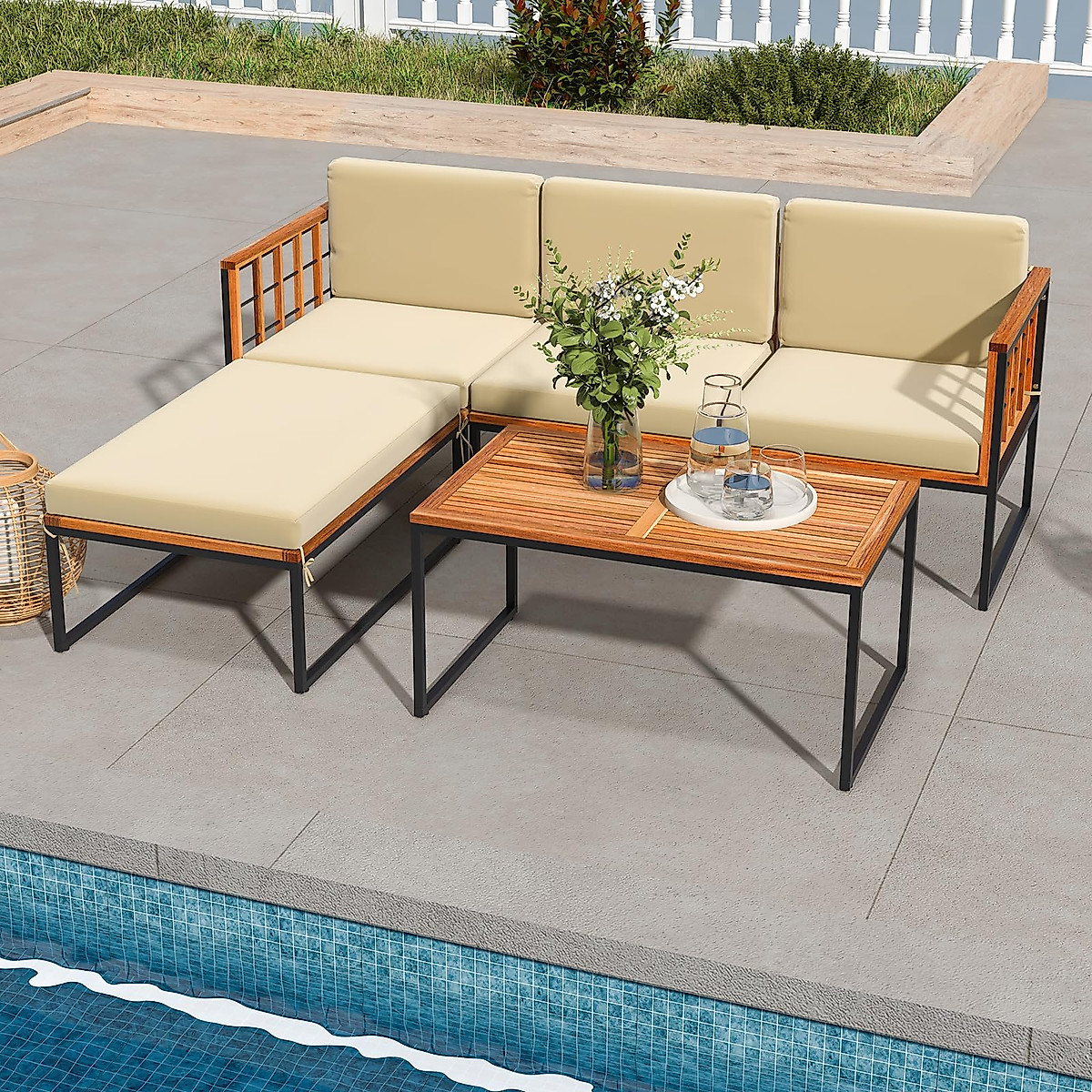 Tangkula 5 Piece Patio Furniture Set, Acacia Wood Sectional Set with Heavy-Duty Metal Frame, Comfy Seat & Back Cushions, Outdoor Wood Conversation Chair Set for Poolside, Porch, Backyard (Beige)