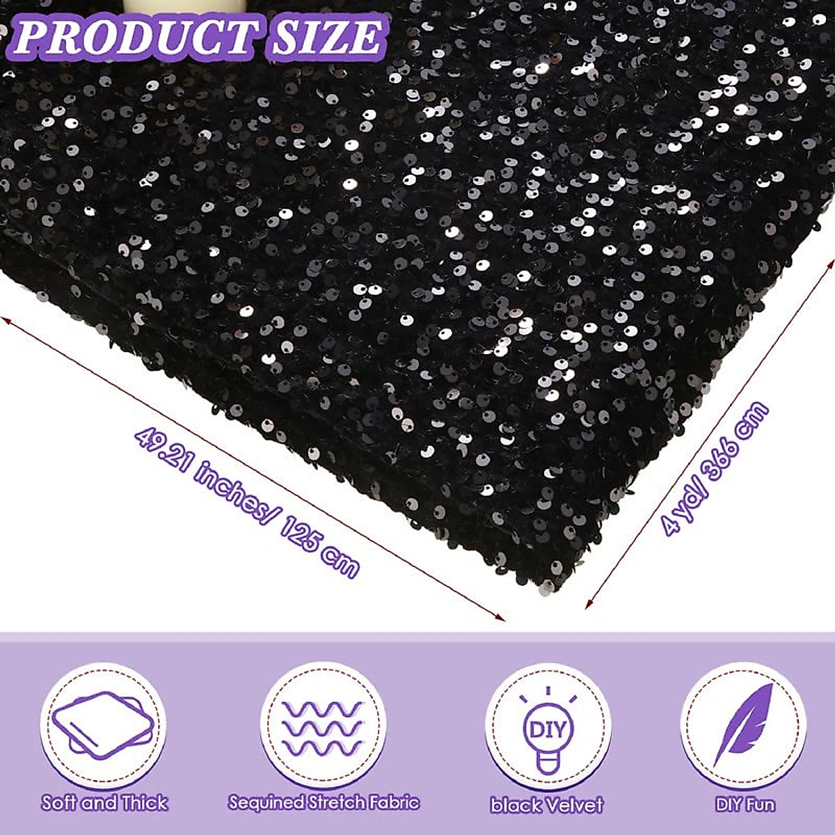 Sequin Velvet Fabric by The Yard Stretch Bling Fabric for Sewing Glitter Fabric Tablecloth Sparkly Fabric for Dress Table Runner Photo Props Backdrop(Black, 4 Yards)