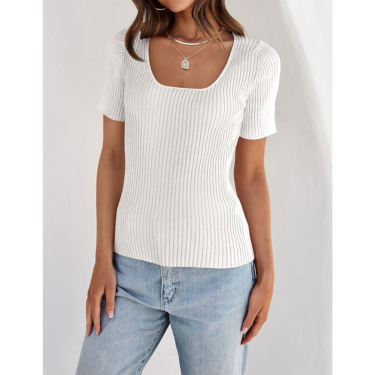 ZESICA Women's 2024 Short Sleeve Square Neck T Shirts Slim Fitted Summer Ribbed Knit Basic Casual Tee Tops,White,Medium