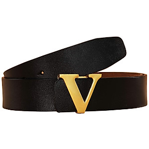Yuangu Men's Classic Gold/Silver V-Buckle Design Soft Calfskin Belt (Black Gold, 105cm/41.3inch(30-36))
