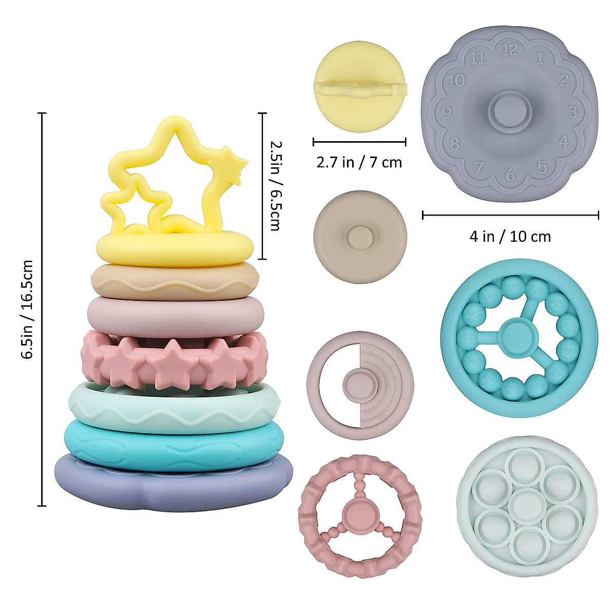 Baby Sensory Teething Toys - Baby Teether Montessori Toys - Gifts for Infant Newborn Boys Girls 6 9 12 18 Months 1 One Year Old - Stacking Rings Bath Toys - Toddler Educational Learning Toys