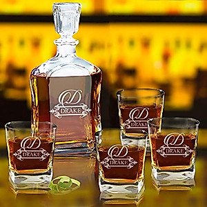 Personalized 5 pc Whiskey Decanter Set - Decanter and 4 Glasses Gift Set - Custom Engraved with Fancy Design