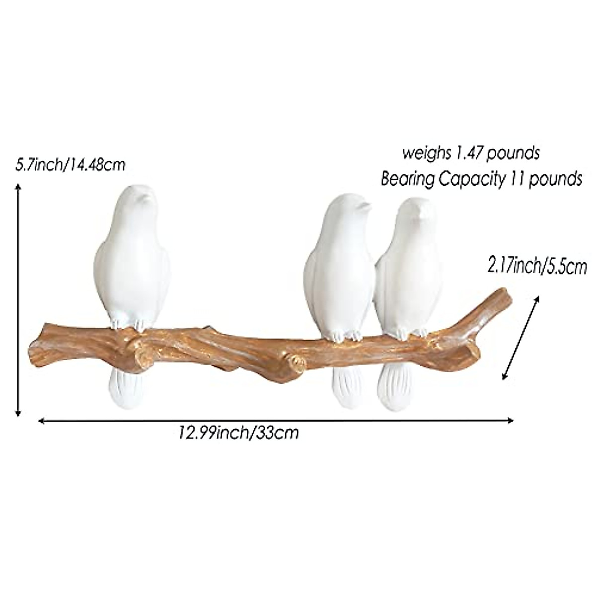 HaakLux Bird Hat Hook,Wall Hanger Decor Hooks,Mounted Resin Cast Ceramic,Tree Branch with Unique Hanging White Dove for Coat Towel Key Clothes in Bathroom Kitchen Bedroom Living Room(3 Birds)