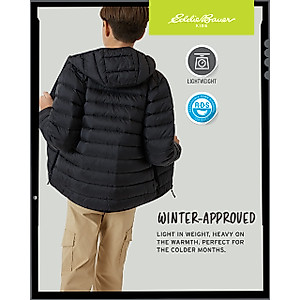 Eddie Bauer Boys' Jacket - CirrusLite Weather Resistant Down Coat for Boys - Insulated Quilted Bubble Puffer (3-20), Size 10-12, Black