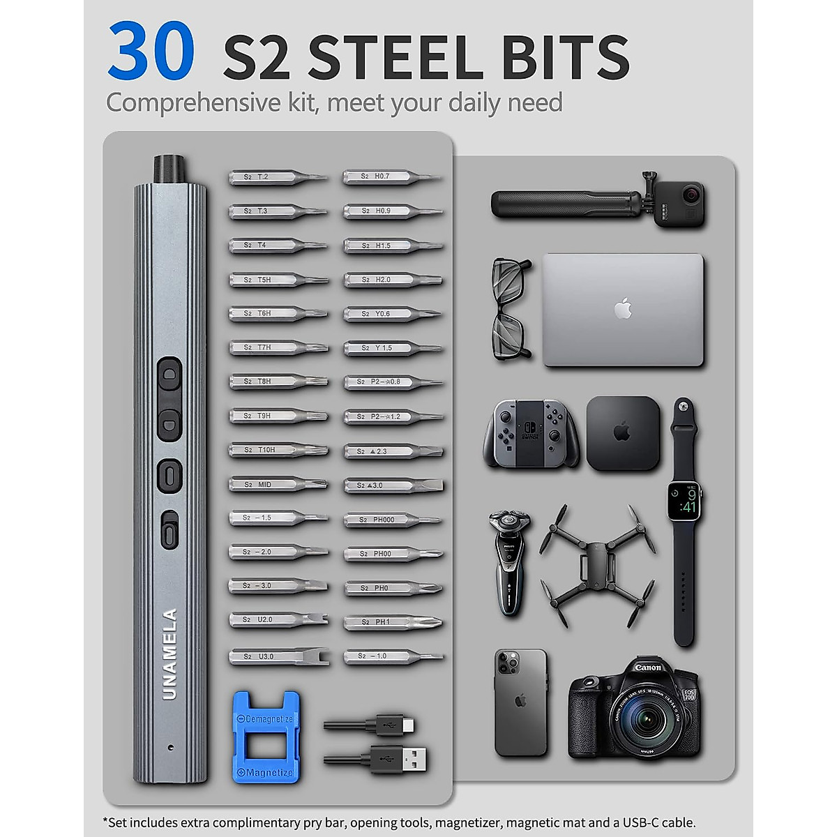 Mini Electric Screwdriver Set Upgraded: UnaMela Small Electric Precision Screwdriver Cordless - 30 S2 Bits, 3 Torque Settings, 4 LED Lights, Power Screwdriver Repair Tool Kit for PC RC Electronics