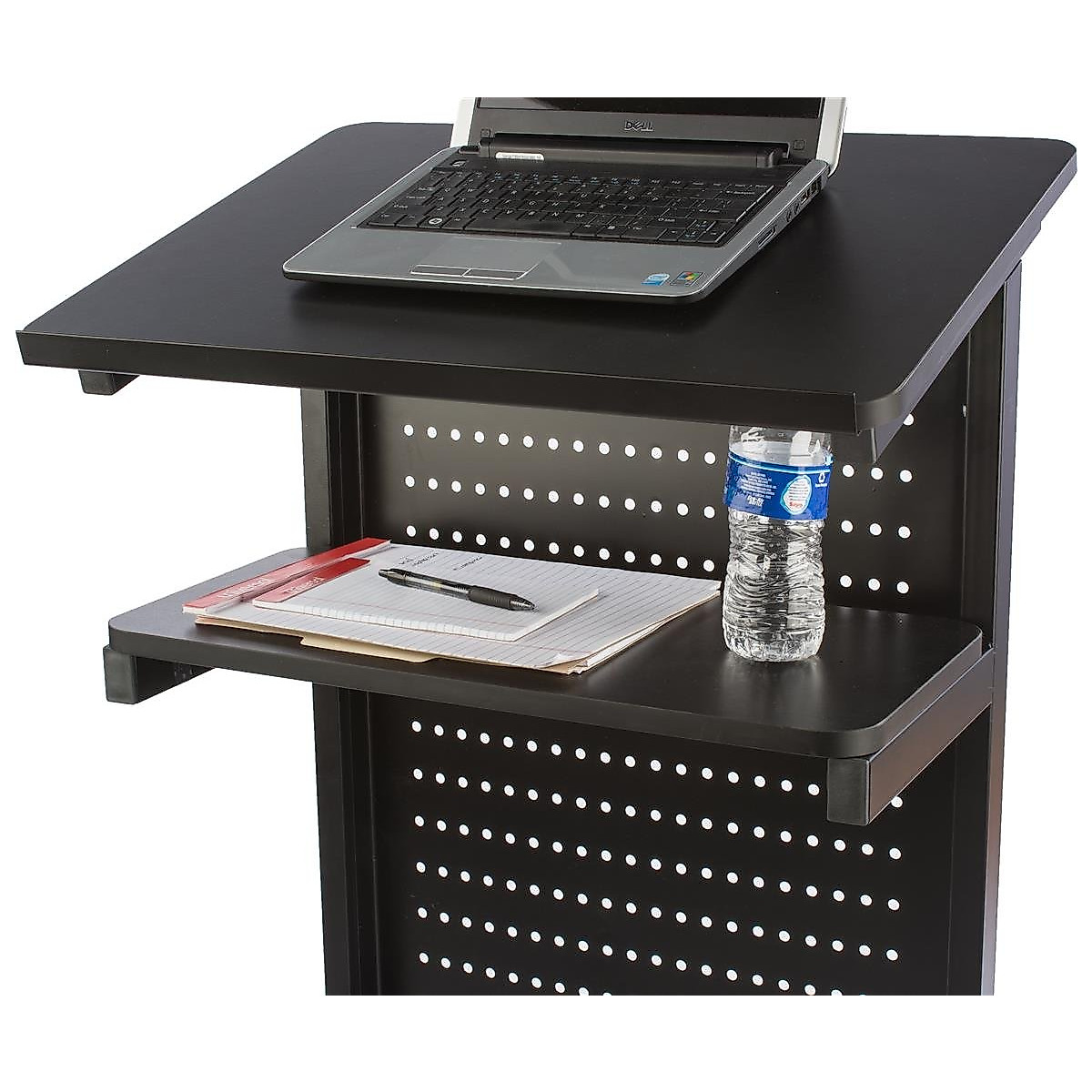 Displays2go Mobile Podium, 46.5 x 23 Inches, Locking Wheels, Shelf Included, Black Steel, MDF Wood (LCTMOBMETB)