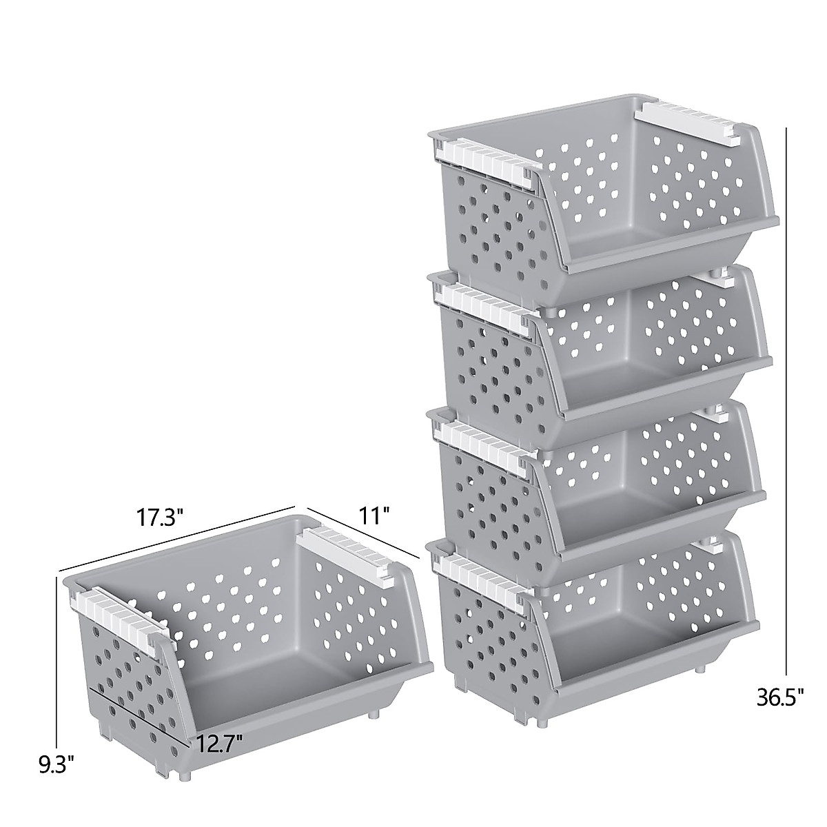 Wakikini Large Plastic Stackable Storage Baskets, Plastic Open Front Stacking Bins, Gray, 4 Packs
