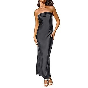 ZESICA Women's Sexy Satin Tube Top Cutout Slim Fit Silky Long Evening Prom Formal Long Dress,Black,Small