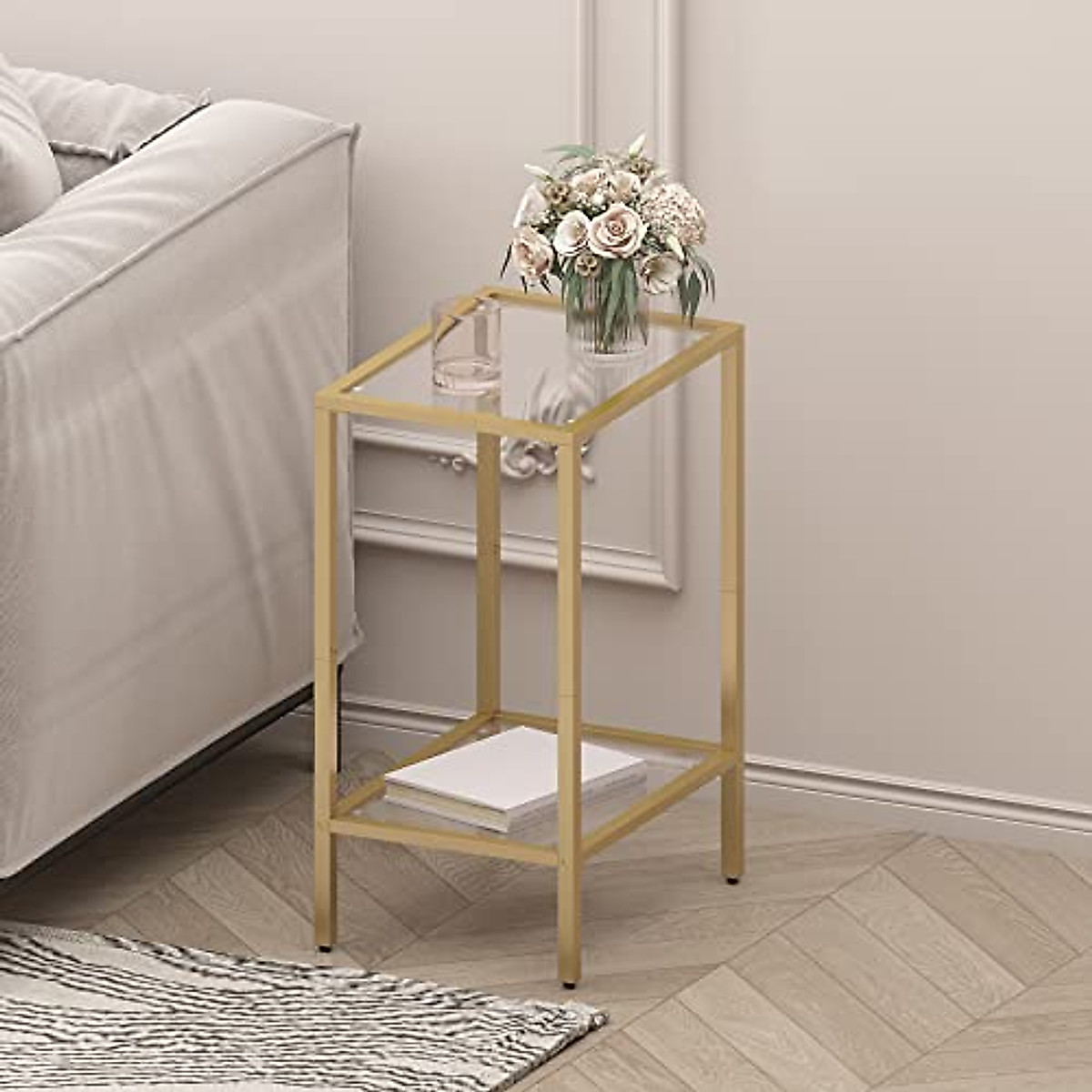 HOMSHO Side Tables Set of 2, End Tables with Tempered Glass, 2-Tier Nightstands with Storage Shelves, Slim Sofa Table for Living Room, Bedroom (2, Golden)