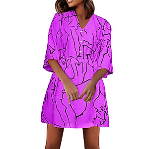 Maxi Sundresses for Women Women Casual Summer Dress V Neck Soild Color Three Quarter Sleeve Patchwork Beach Dress Sundr Purple