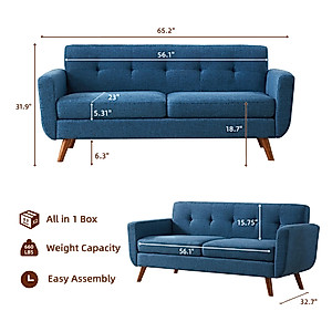 Tbfit 65" W Loveseat Sofa, Mid Century Modern Decor Love Seat Sofas and Couches for Living Room, Button Tufted Upholstered Small Couch for Bedroom, Solid and Easy to Install Love Seats Furniture, Blue