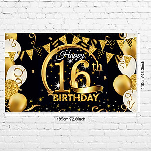 Blulu Birthday Party Decoration Extra Large Fabric Black Gold Sign Poster for Anniversary Photo Booth Backdrop Background Banner, Birthday Party Supplies, 72.8 x 43.3 Inch (16th)