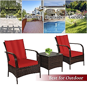 Tangkula 3 Piece Patio Furniture Set, 2 Wicker Chairs with Glass Top Coffee Table, Outdoor Garden Porch Poolside Furniture Set for 2, Rattan Conversation Set