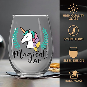 Pishovi Magical AF Wine Glass with Gift Box, Funny Stemless Glass, Gift for Unicorn Lovers, Fairy Funny Bridal Shower Gift, Mother's Day Christmas Birthday Mystery Gift for Mom Sister BFF