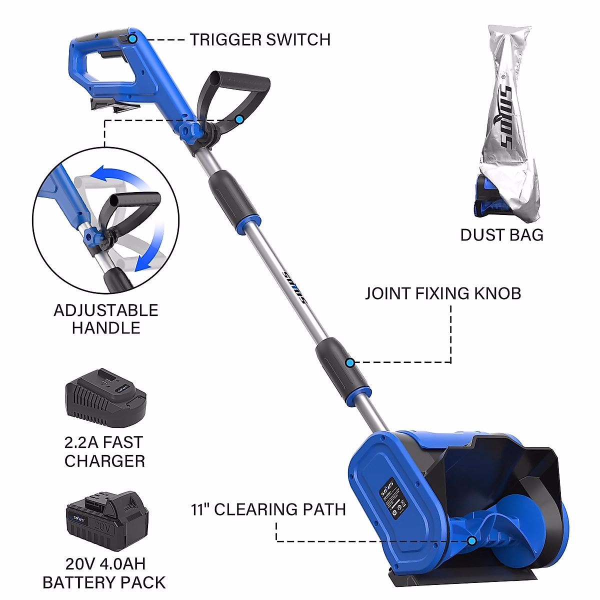 SOYUS Cordless Snow Shovel, 20V 11-Inch Snow Blower Cordless, Electric Snow Shovel with Adjustable Front Handle, Dust Bag, 4.0Ah Battery & Quick Charger Included