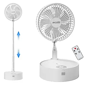 AirCover 2021 8-Inch Foldaway Oscillating Fan with Remote Control, 3-Speed, Cordless Rechargeable Standing Portable Pedestal Fan, 7200mAh Battery Operated Fan for Home Office Outdoor Camping Travel