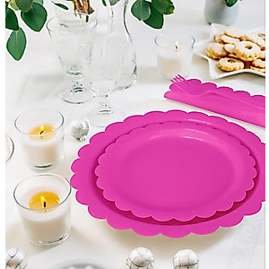 MUNILAIL 96 Pcs Hot Pink Plates and Napkins Party Supplies Serve 24 Guests Including Hot Pink Scalloped Paper Plates and Napkins Plastic Forks for Baby Shower Birthday Party Disposable Dinnerware Set