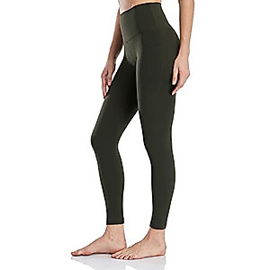 HeyNuts Leggings with Pockets for Women, High Waisted 7/8 Leggings Tummy Control Compression Workout Buttery Soft Pants 25'' Dark Olive L(12)