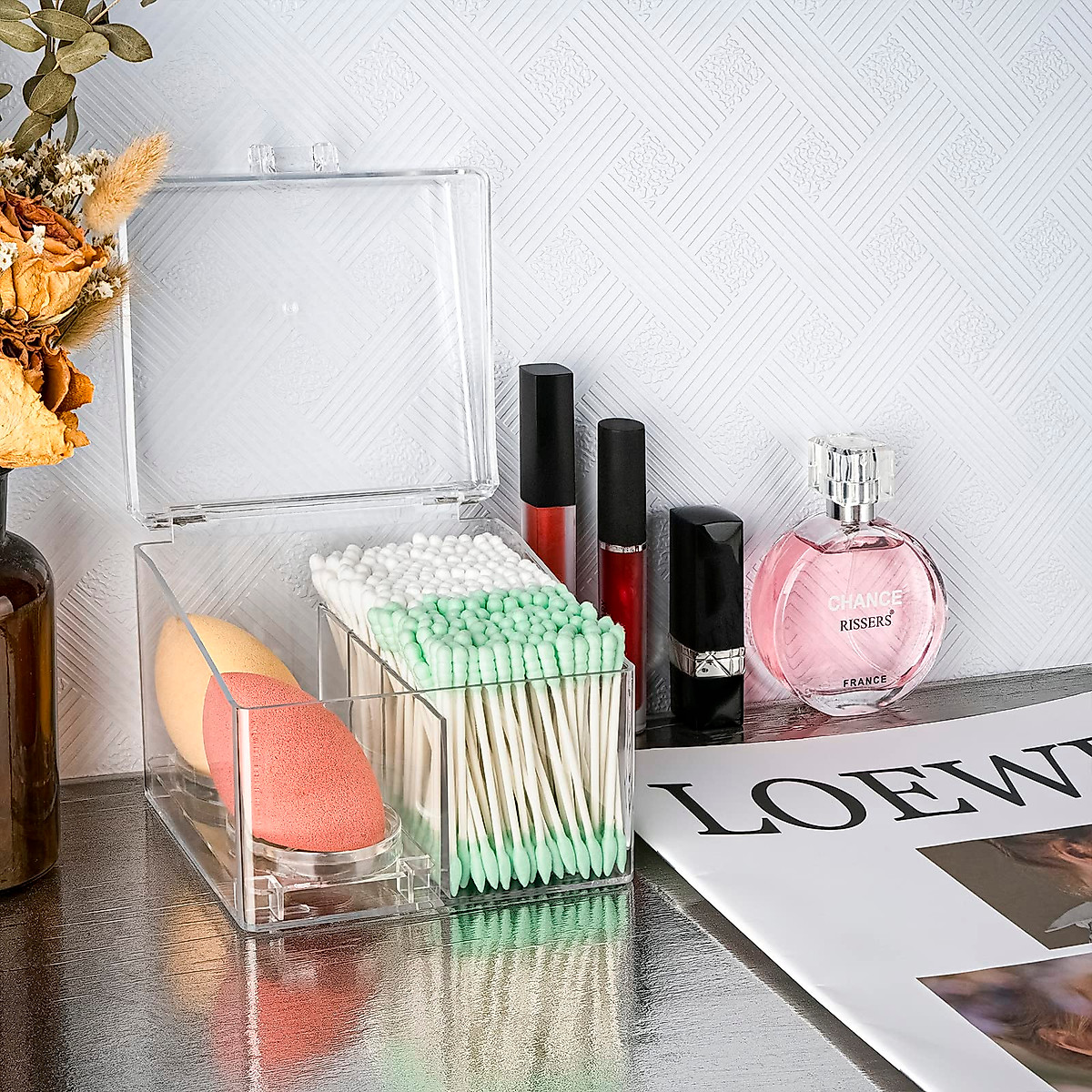 Linkidea Clear Qtip Holder with Lid and Detachable Beauty Egg Tray, 3 Compartment Cotton Pad Container for Cotton Swabs, Make-Up Pads, Cosmetics