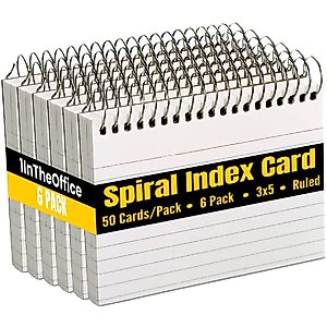 1InTheOffice Spiral Index Cards 3x5 Ruled, Notecard Spiral Bound, Ruled Index Cards Spiral Bound, Spiral Bound Index Cards 50 Cards/Pack, 6 Packs