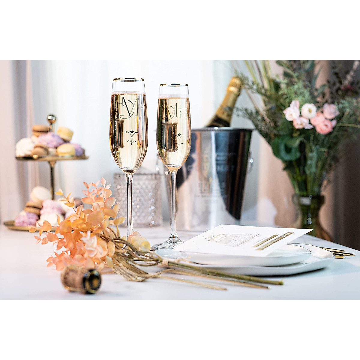 SAY HO UM Luxury Crystal Wedding Champagne Glasses for Toasting | Gold Mr Mrs Toast Flutes Set for Bride and Groom | Elegant Gift for His and Hers Engagement, Bridal Shower, Couple Anniversary