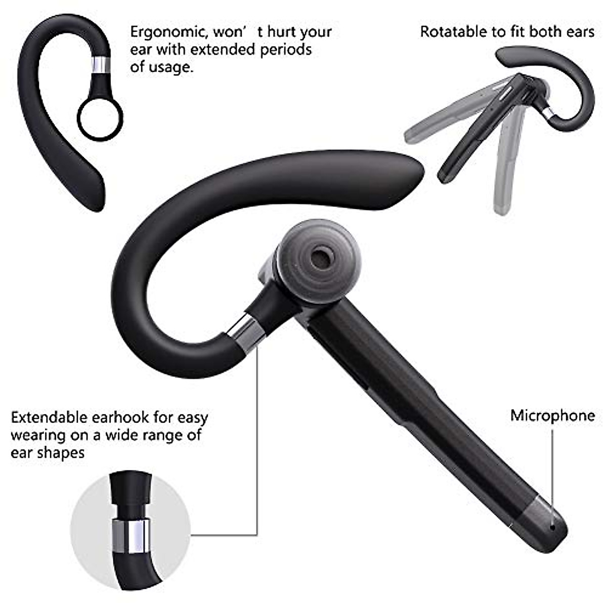 Bluetooth Headset,AMTERBEST Wireless Bluetooth Earpiece Hands-Free Earphones with Built-in Mic Compatible with iPhone and Android for Cell Phone, Skype, Truck Driver,Office,Sport