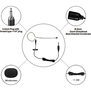 HEIMU Single Earhook Headworn Omni-Directional Headset Microphone (for 3.5mm Plug with Thread Type +1/4" Plug Black)