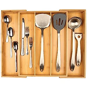 Kohtla Bamboo Kitchen Drawer Organizer Large Utensil Organizer Silverware and Cutlery Holder Tray with Divider Expendable Flatware Tray
