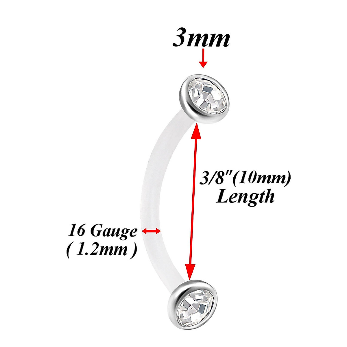 bodyjewellery 2pcs 16g 3/8 Curved Barbell Septum Cartilage Earring Eyebrow Helix Bioflex Flexible Tragus Steel halfball - CL