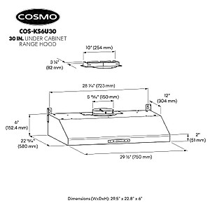 COSMO COS-KS6U30 30 in. Under Cabinet Range Hood with Digital Touch Controls, 3-Speed Fan, LED Lights and Permanent Filters, in Stainless Steel
