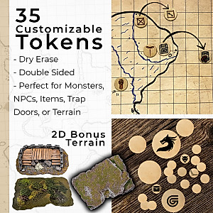 Parchment of Planning - 24x24 Square & Hex Dry Erase Battle Mat Game Board - 60FT Distance Ruler and Monster Tokens