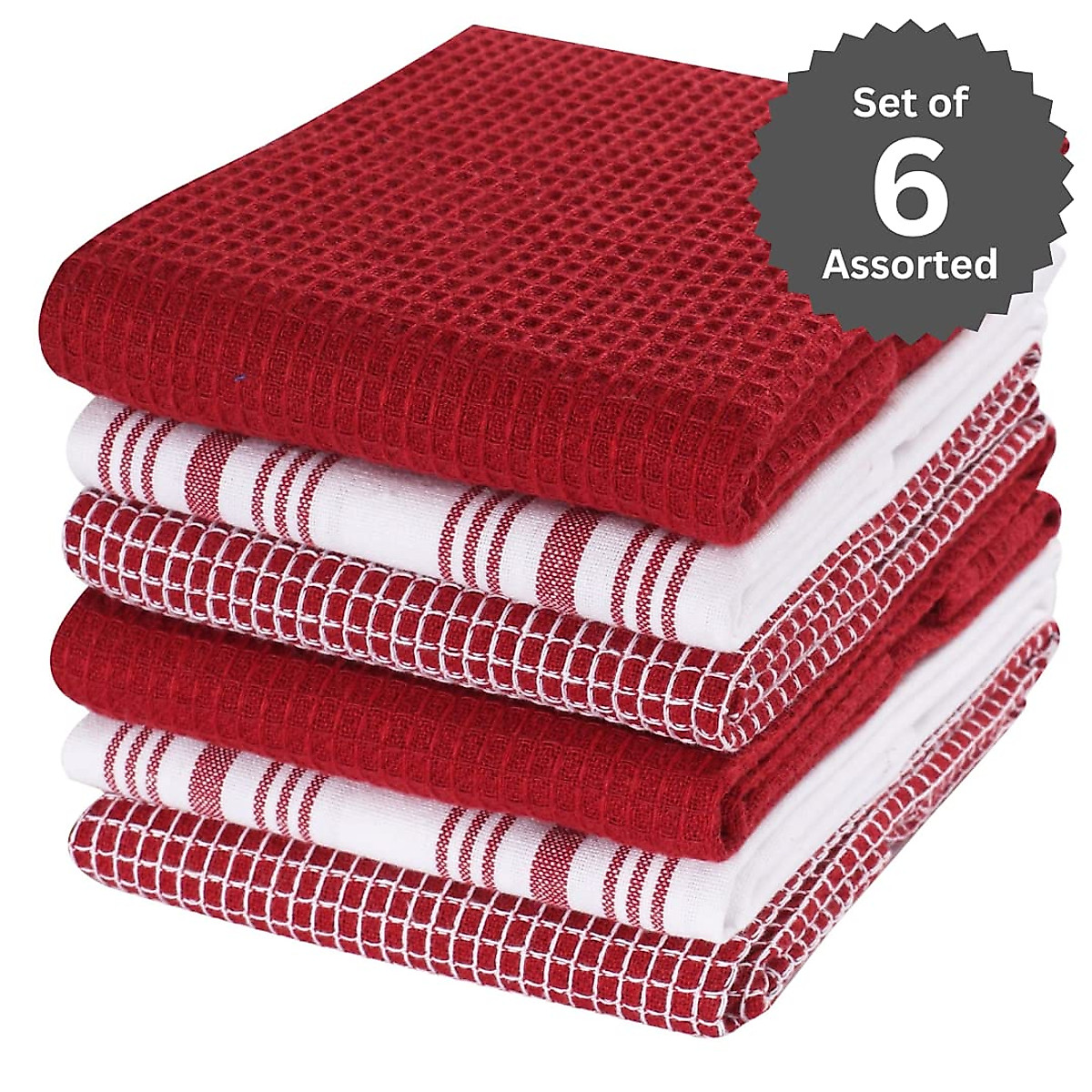 Urbana Cotton Set of 6 Assorted Waffle Kitchen Towels 100% Cotton Super Soft Absorbent Reusable Cleaning Cloths Machine Washable Weave Tea Towel with Hanging Loop (Red & White, 16 X 26 Inches)